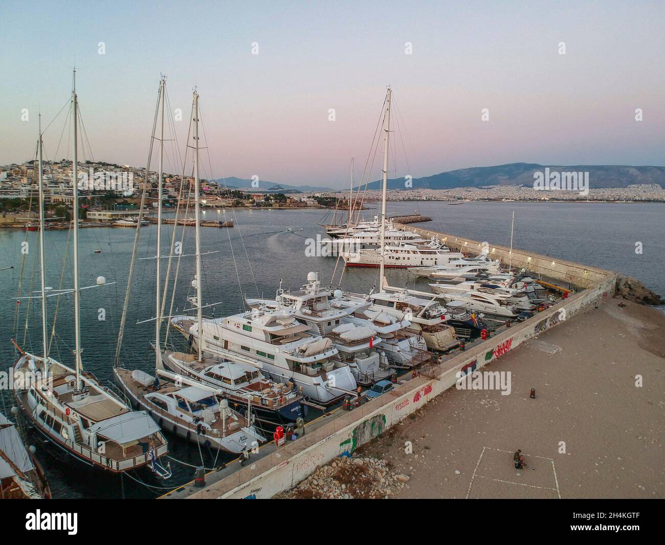 Aerial panorama view over the famous Marina Zeas, Peiraeus at sunset ...