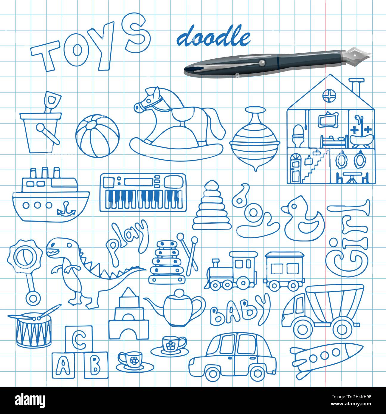 Vector toys doodle stickers set. Hand draw collection of toys icons for ...