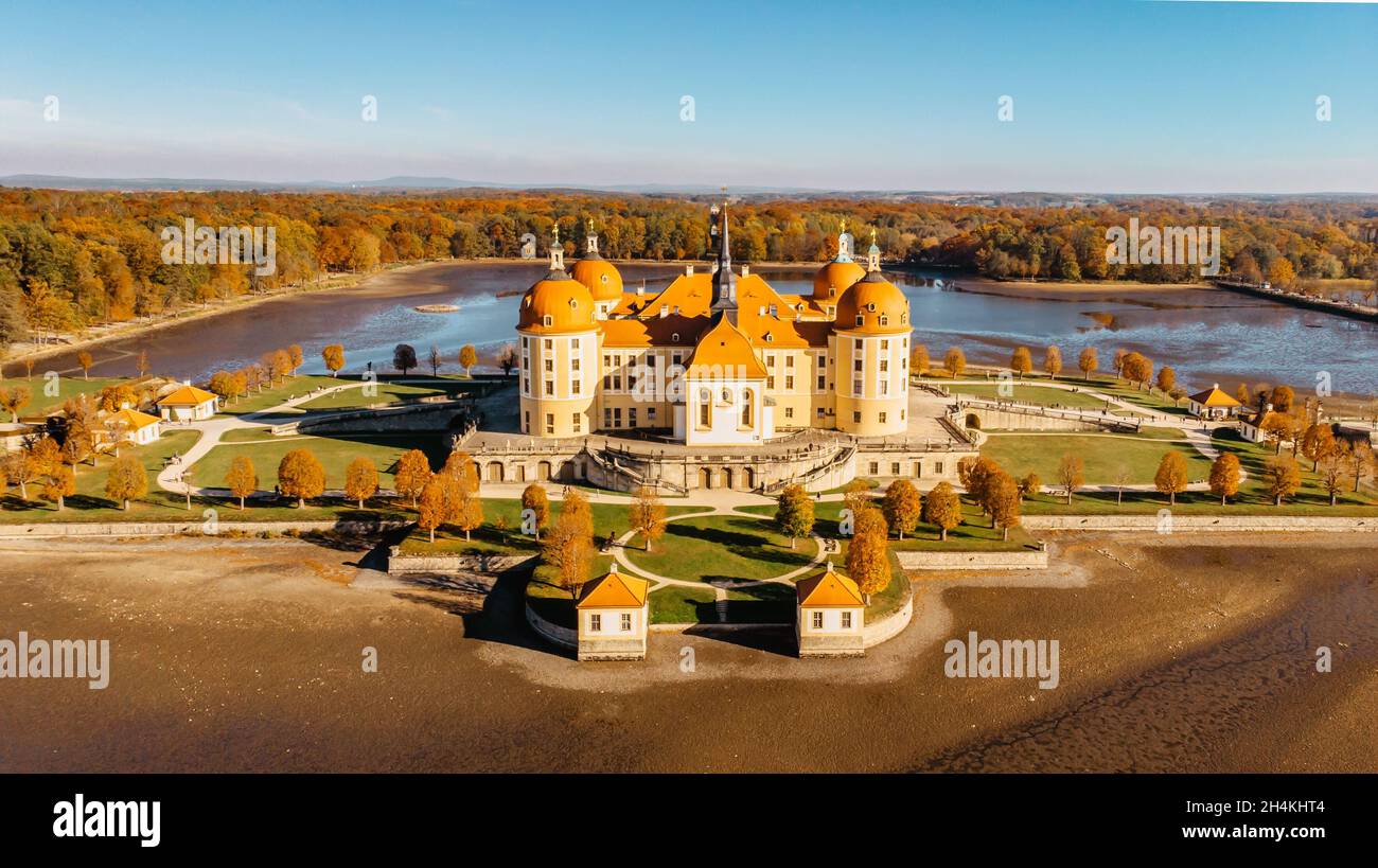 Aerial view of fairy tale Moritzburg Castle in Saxony,Germany ...