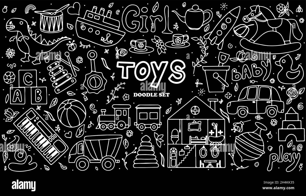 Vector toys doodle stickers set. Hand draw collection of toys icons for ...