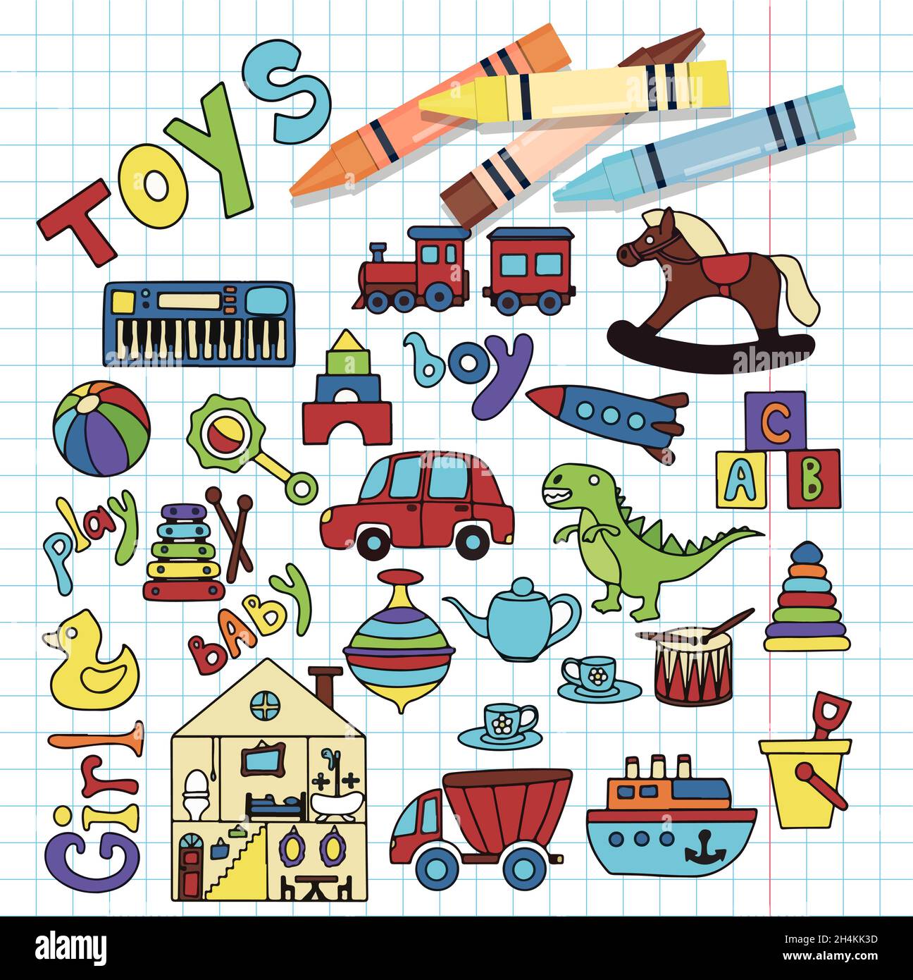 Vector toys doodle stickers set. Hand draw collection of toys icons for ...