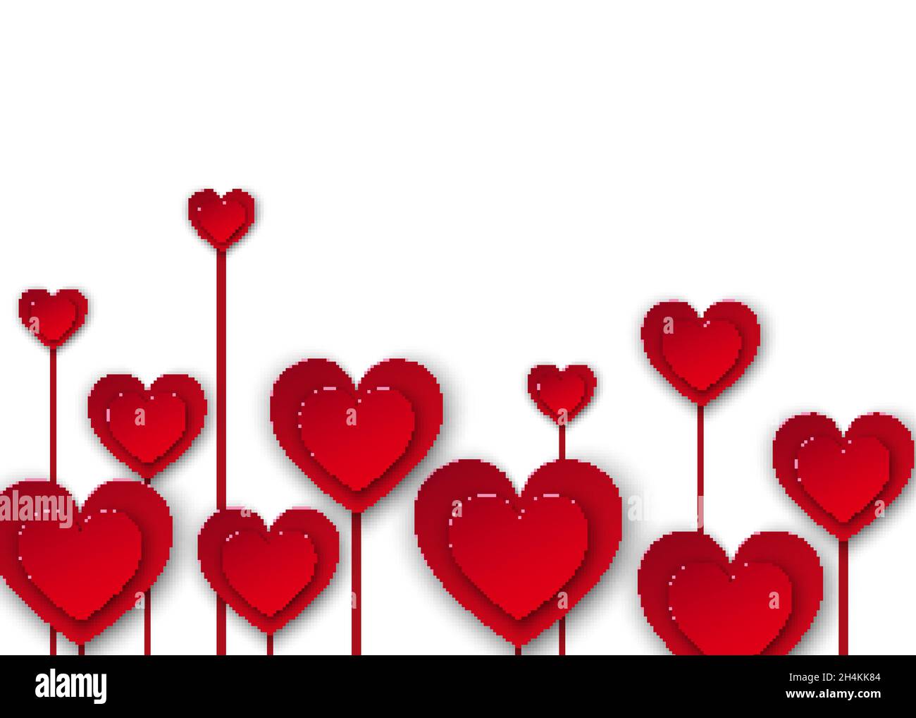 Red paper flowers in the form of hearts on white background. Love ...