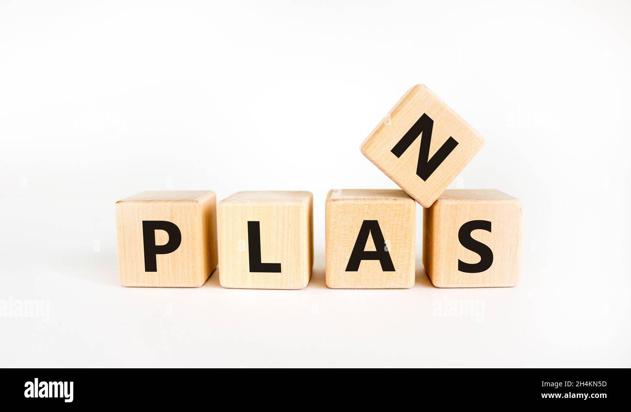 Plans symbol. The concept word 'plans' on wooden cubes on a beautiful ...
