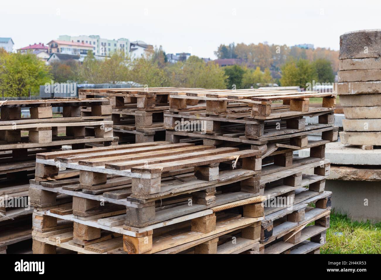 Wooden pallets for transporting building materials on a construction ...