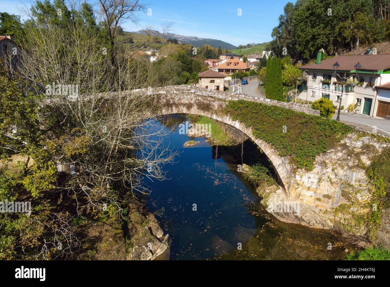 Aerial view of a scenic medieval bridge in Lierganes, Cantabria, Spain ...