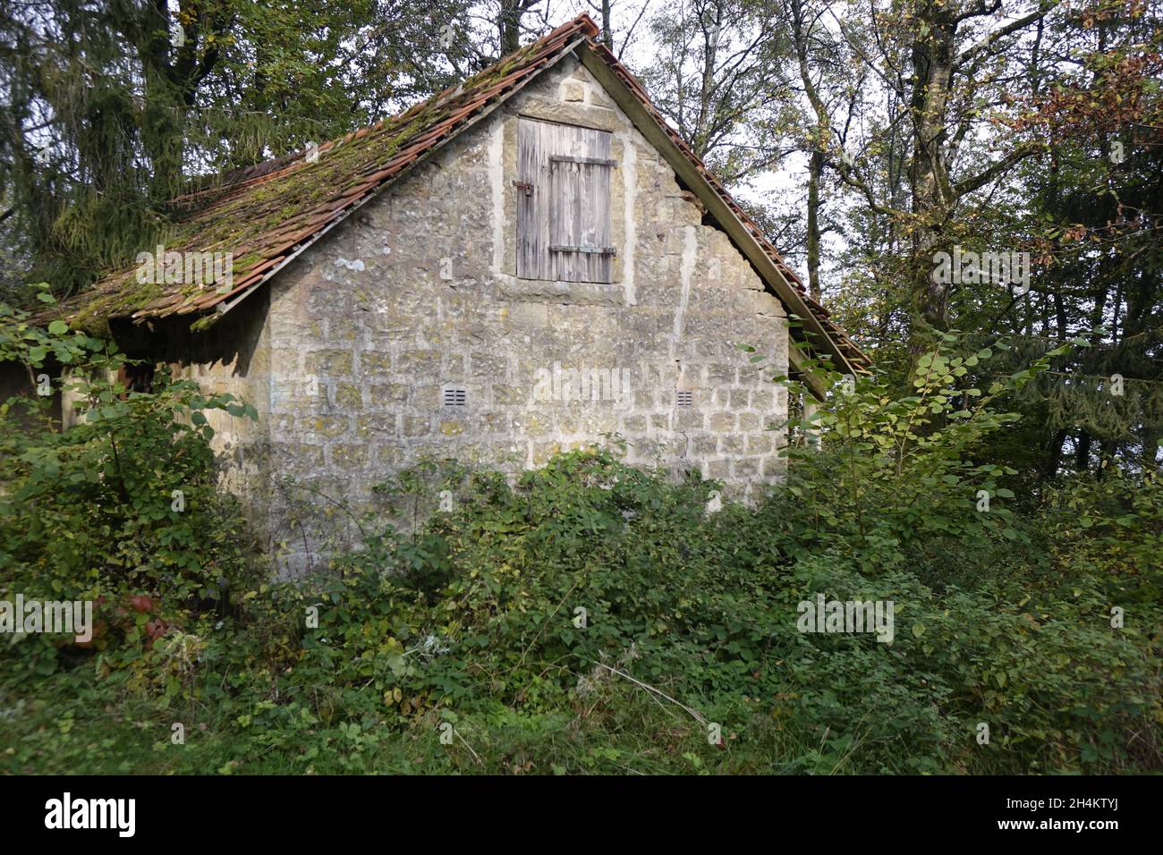 Old remote abandoned stone hut with red roof in the Northern Palatinate ...