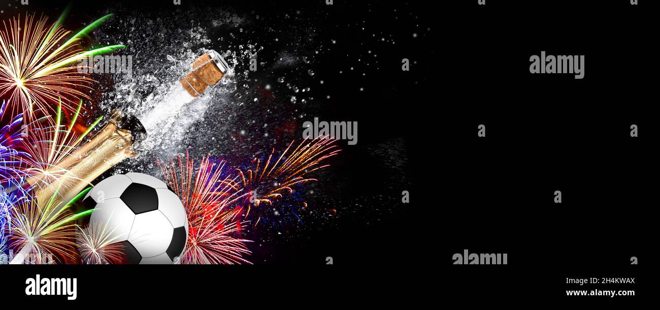Soccer ball with fireworks and an exploding bottle of champagne on a ...