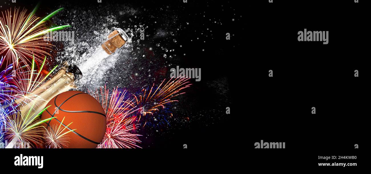 Basketball with fireworks and an exploding bottle of champagne on a ...