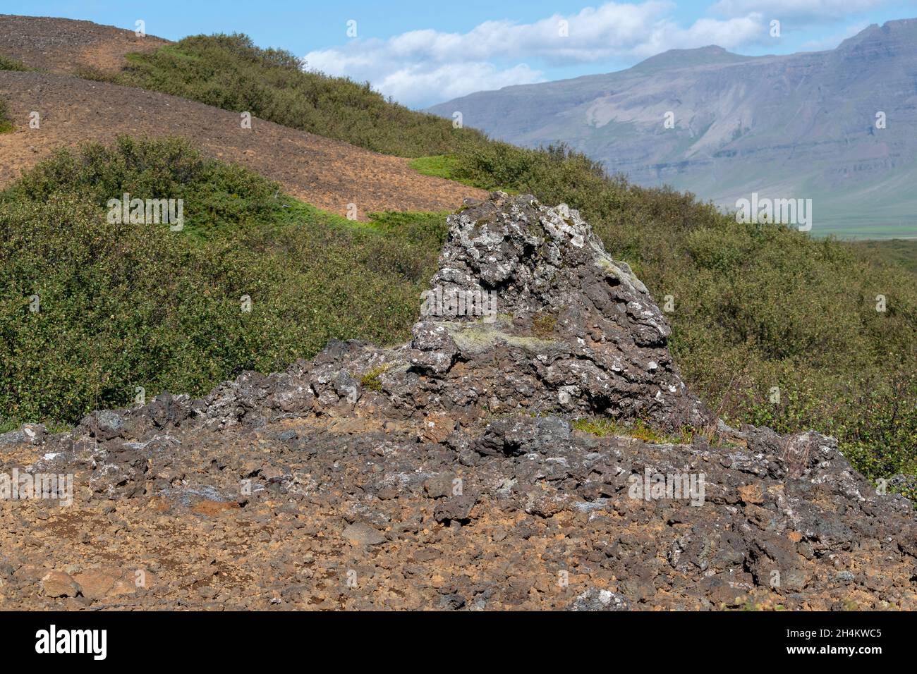 Landscape of path to Eldborg crater extinct volcano near Borgarnes ...