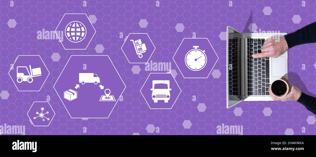 Top view of hands using laptop with symbol of delivery concept Stock ...
