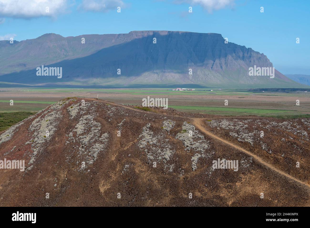 Landscape of path to Eldborg crater extinct volcano near Borgarnes ...