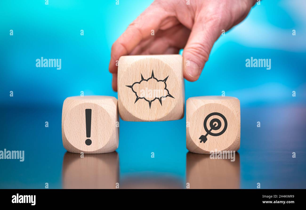 Wooden blocks with symbol of brainstorming concept on blue background ...