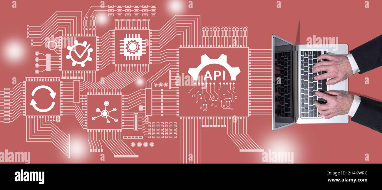 Top view of hands using laptop with symbol of api concept Stock Photo ...