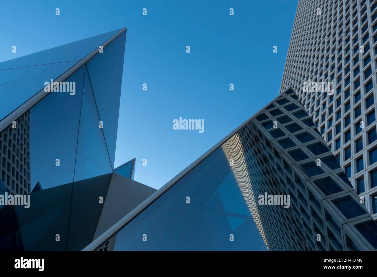 Upward view from the rooftop terrace of Azrieli skyscraper towers in ...