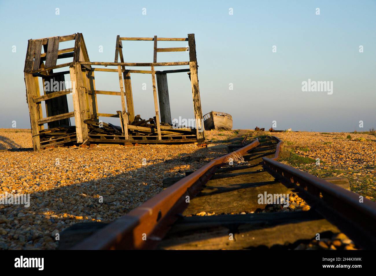 Skeleton of old fishermen's hut and railway track used to haul boats up ...