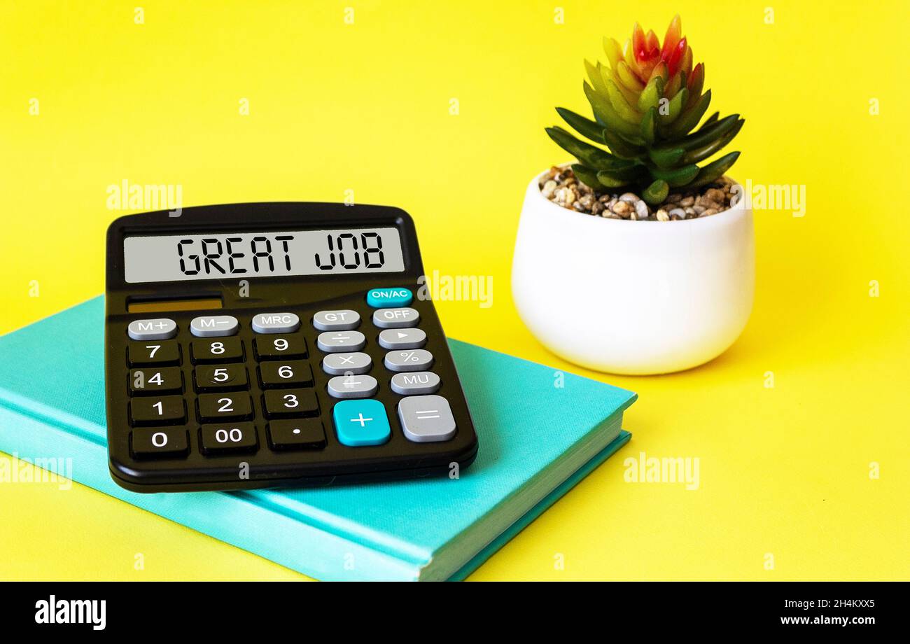 Great job, text on a calculator display. A concept meaning the use of ...