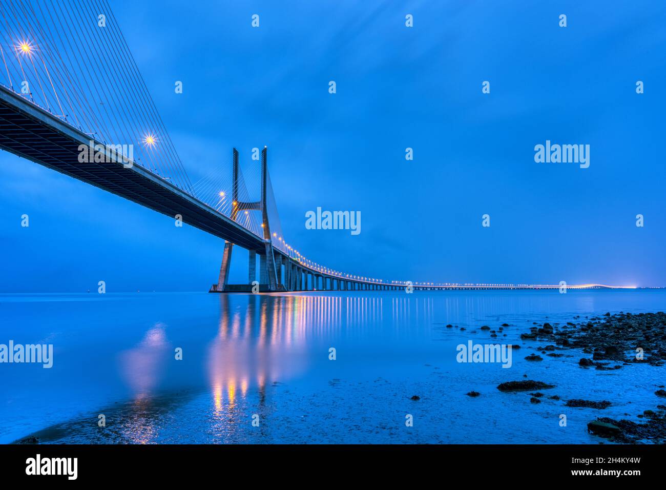 The Vasca da Gama bridge over the river Tagus in Lisbon, Portugal, at ...