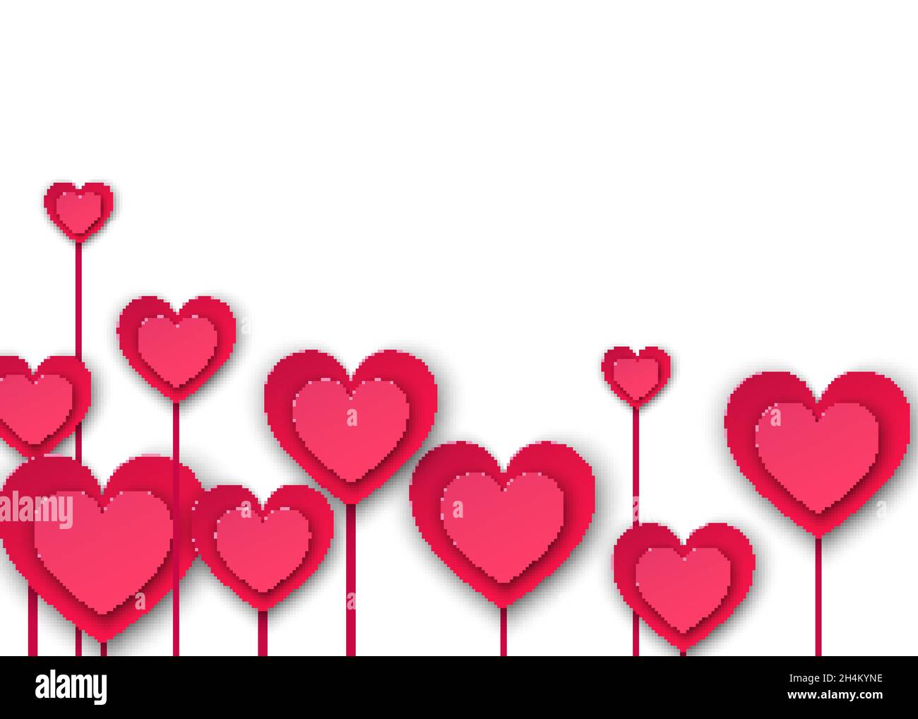 Pink paper flowers in the form of hearts on white background. Love ...