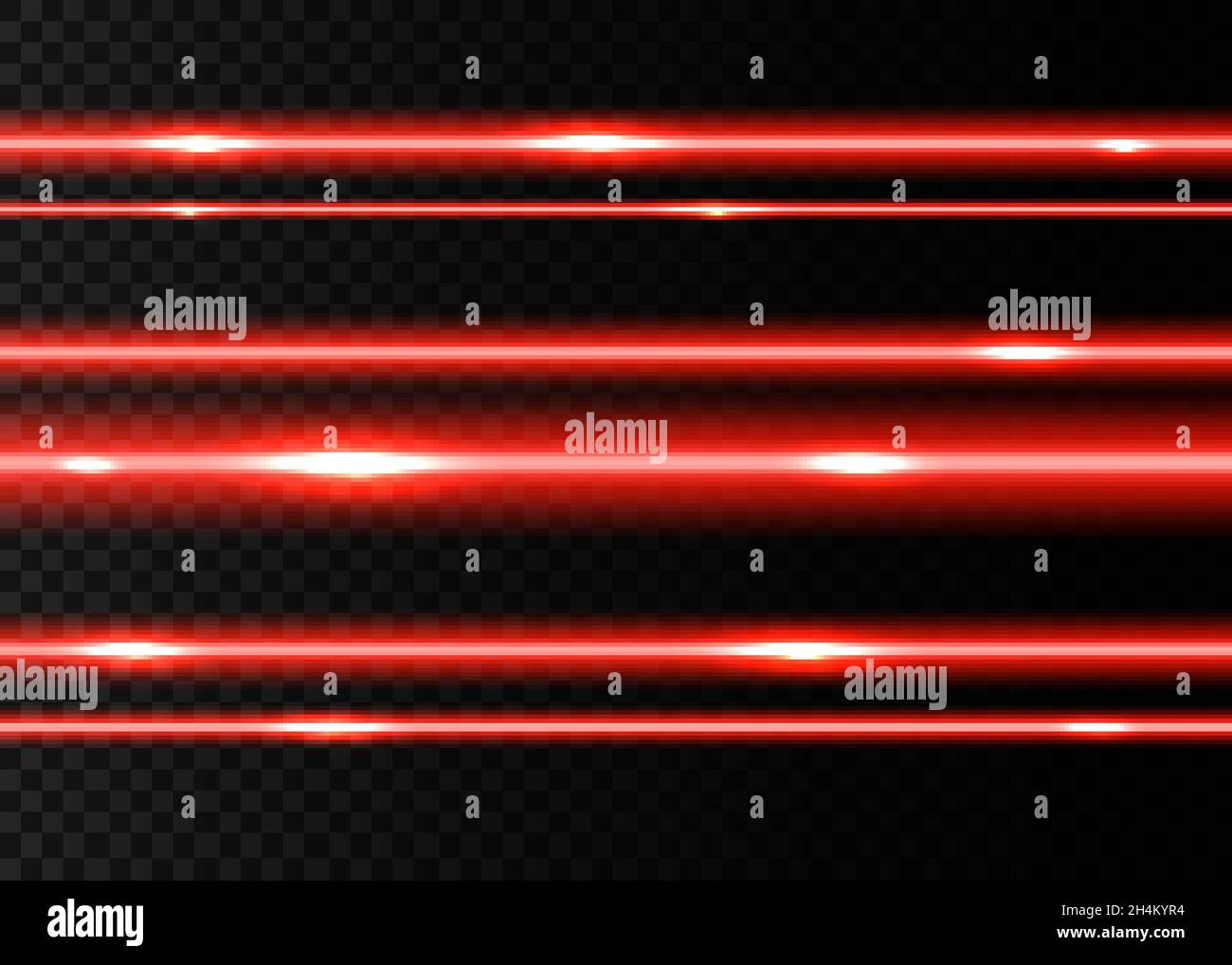 Red laser beams with flashes isolated on black transparent background ...