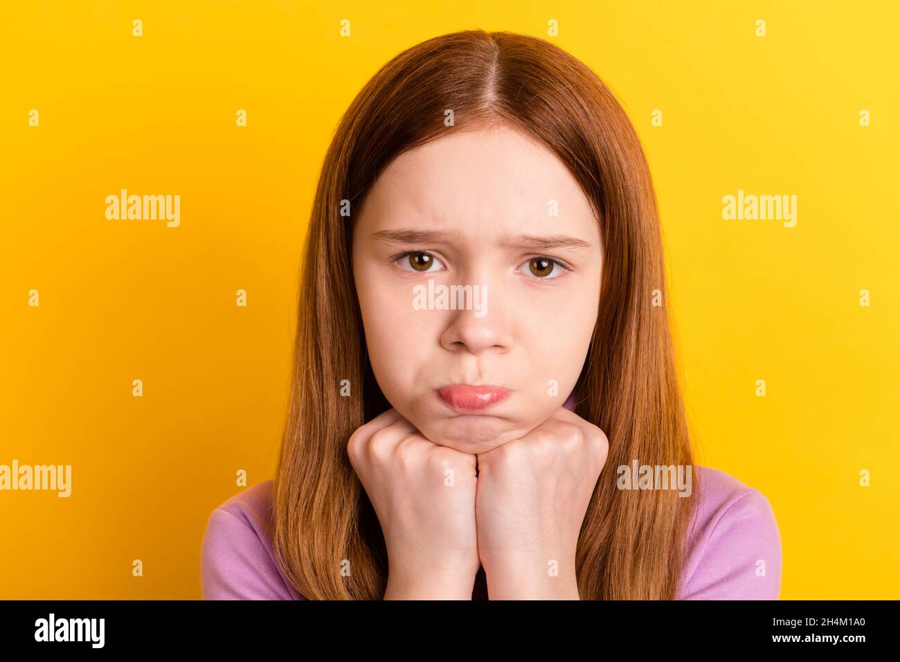 Photo of young negative mood upset unhappy little girl feel lonely ...