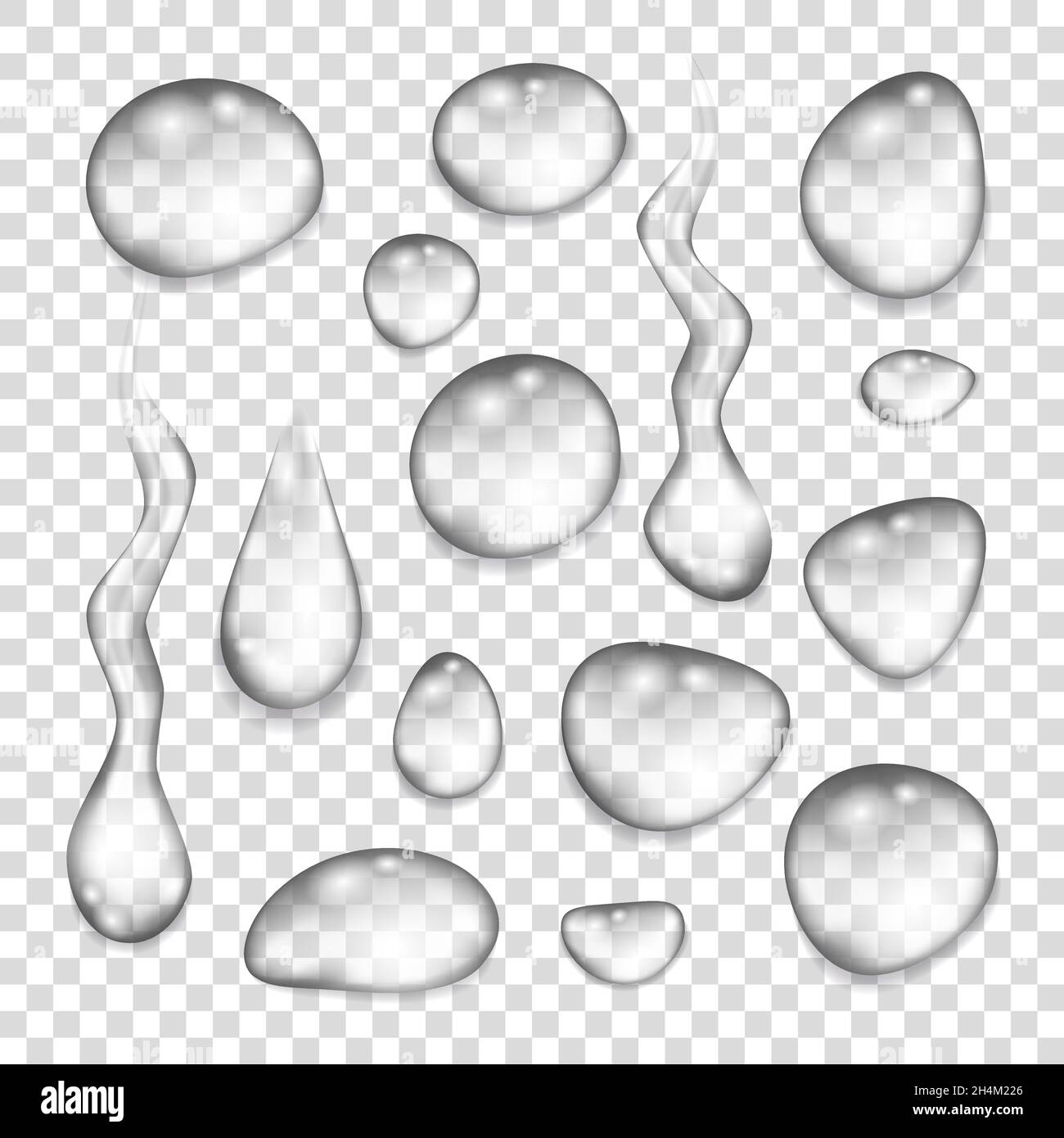 Transparent gray drops of pure clear water isolated on a checkered ...