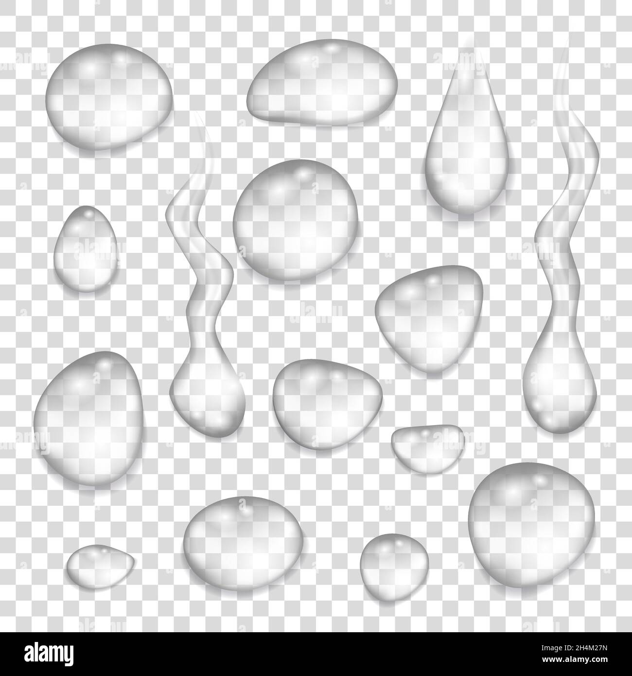 Set of transparent gray drops of pure clear water isolated on a ...