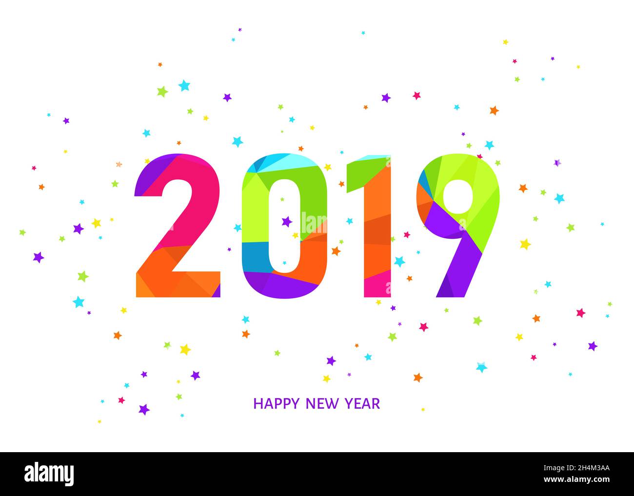 2019 Happy New Year greeting card on white background with colorful ...