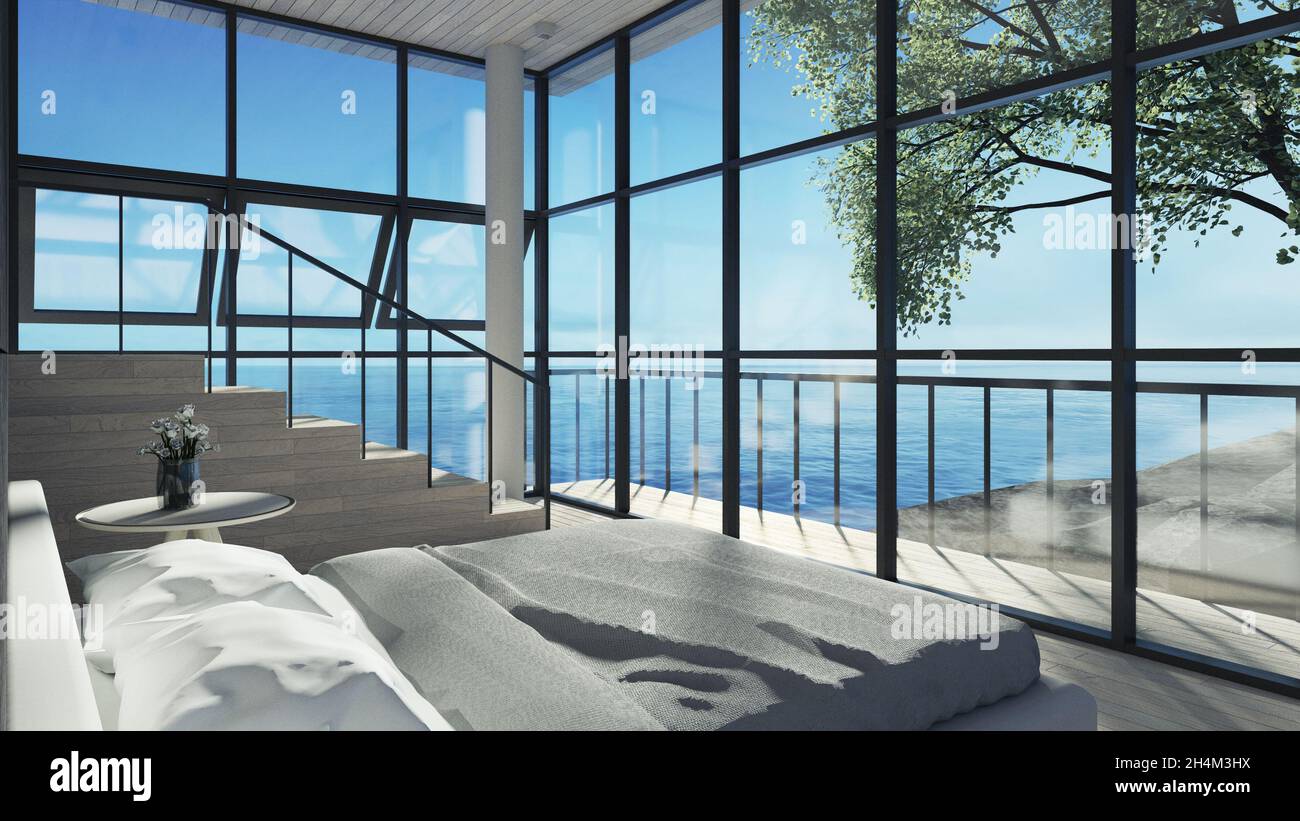 The Modern Bedroom Interior Sea view for Vacation and Summer - 3D ...