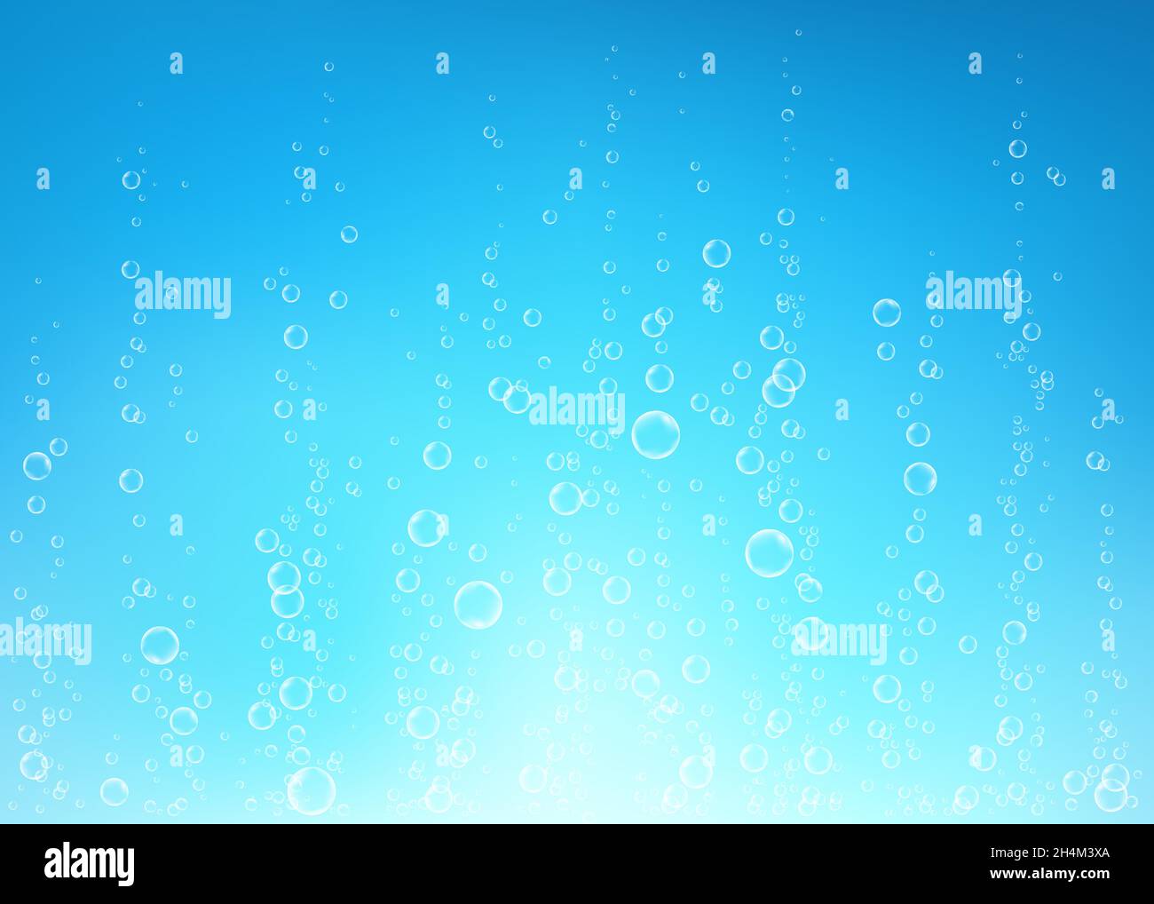 Underwater fizzing air, water or oxygen bubbles on blue background ...