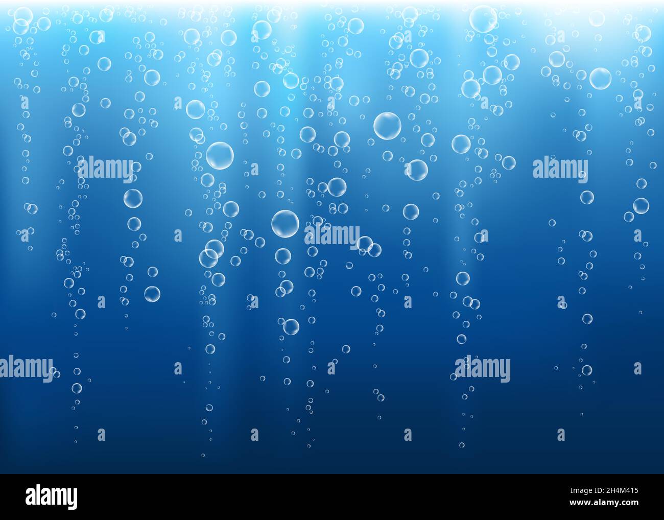 Underwater fizzing air, water or oxygen bubbles on blue background ...