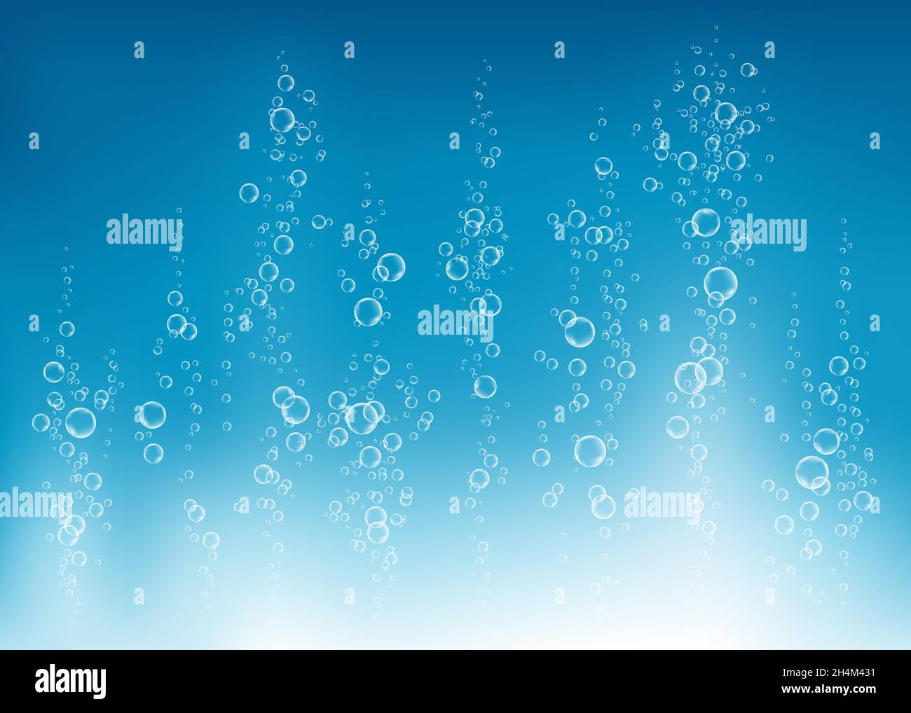 Underwater fizzing air, water or oxygen bubbles on blue background ...