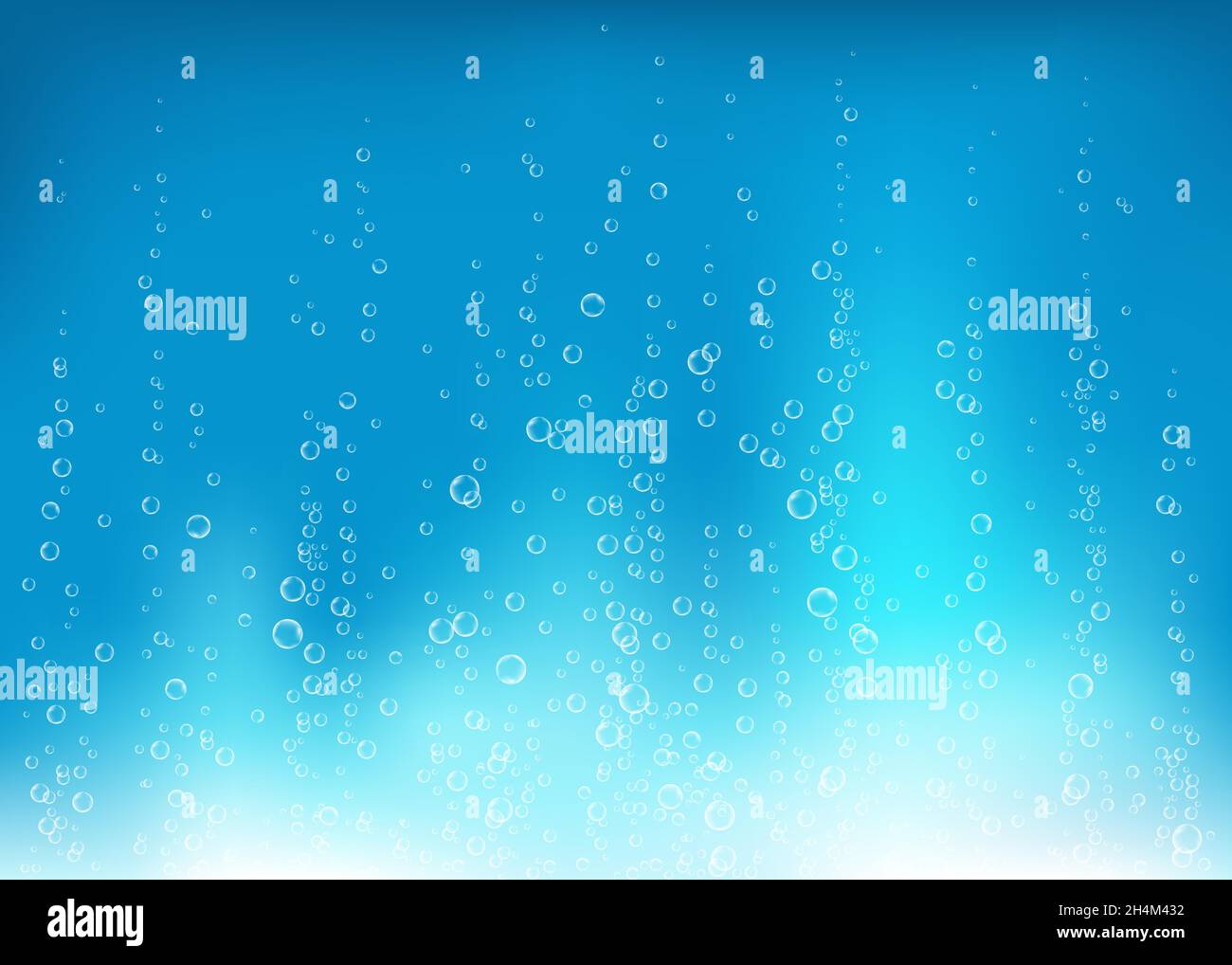 Underwater fizzing air, water or oxygen bubbles on blue background ...
