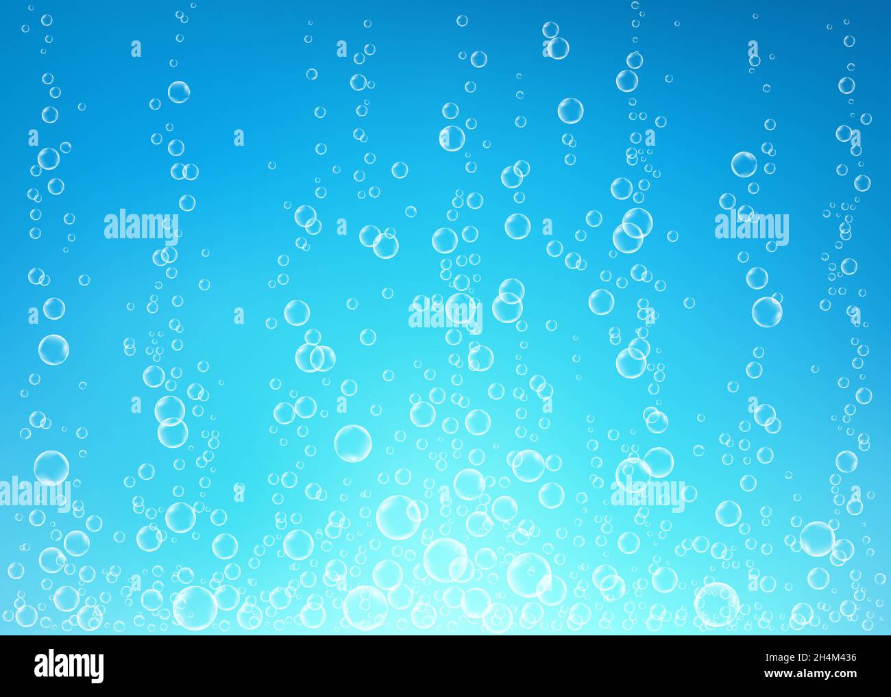Underwater fizzing air, water or oxygen bubbles on blue background ...
