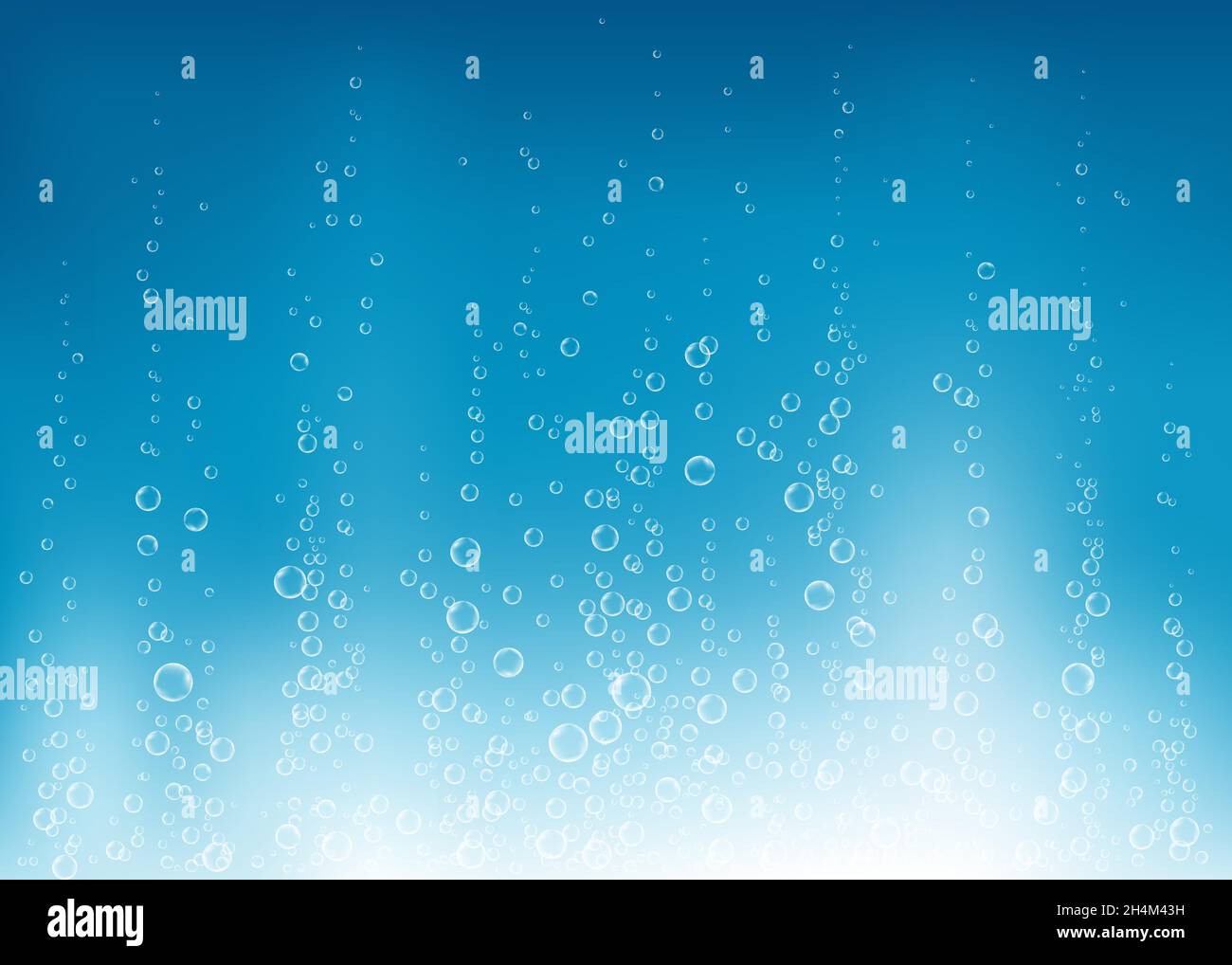 Underwater fizzing air, water or oxygen bubbles on blue background ...