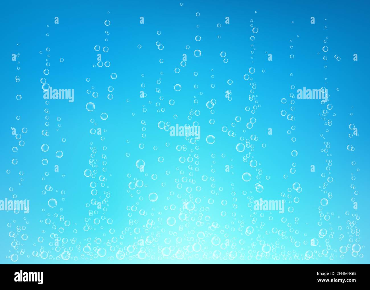 Underwater fizzing air, water or oxygen bubbles on blue background ...