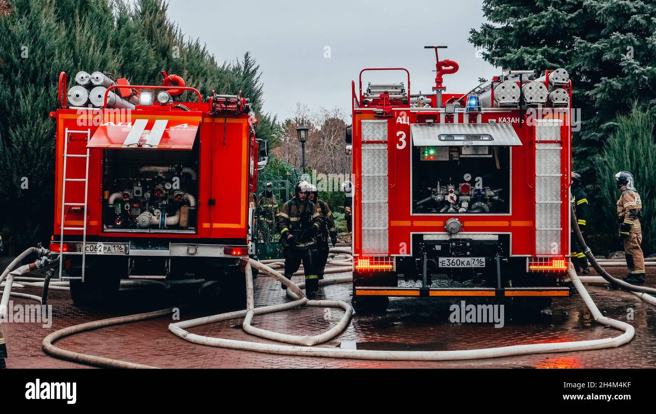 Fire truck equipment. Foam tank, water pipes, pumps. Red car emergency ...
