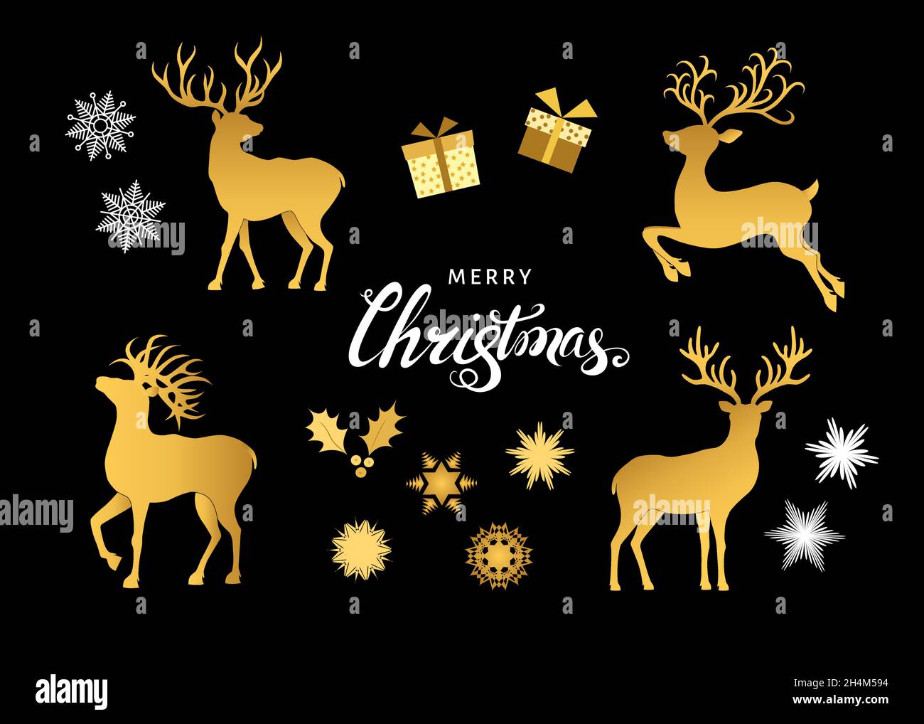 Collection of gold Christmas decorative design elements. Deer ...