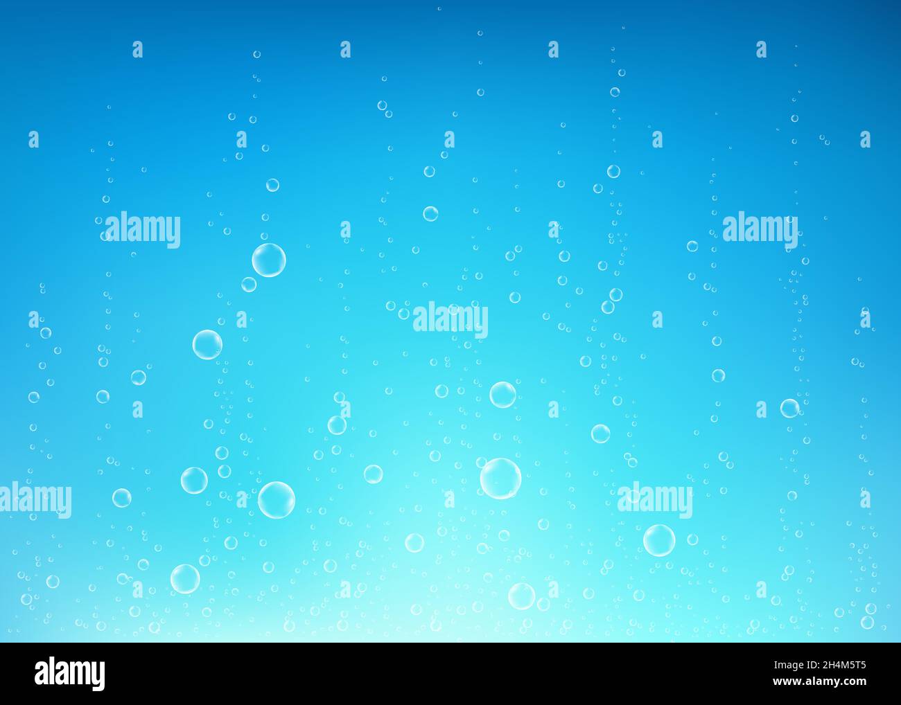 Underwater fizzing air, water or oxygen bubbles on blue background ...