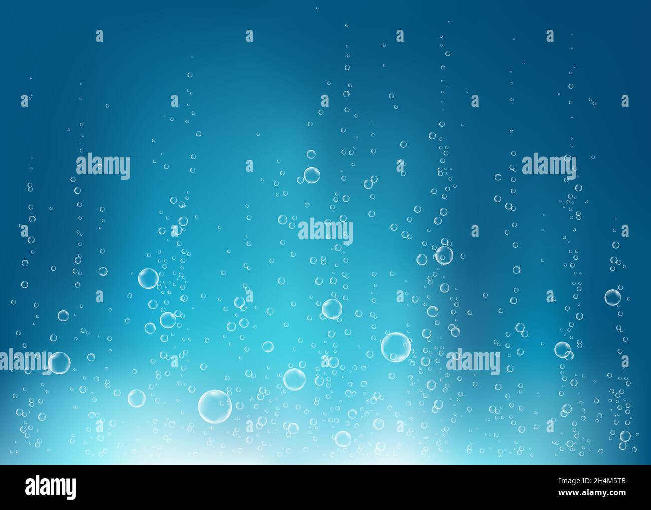 Underwater fizzing air, water or oxygen bubbles on blue background ...