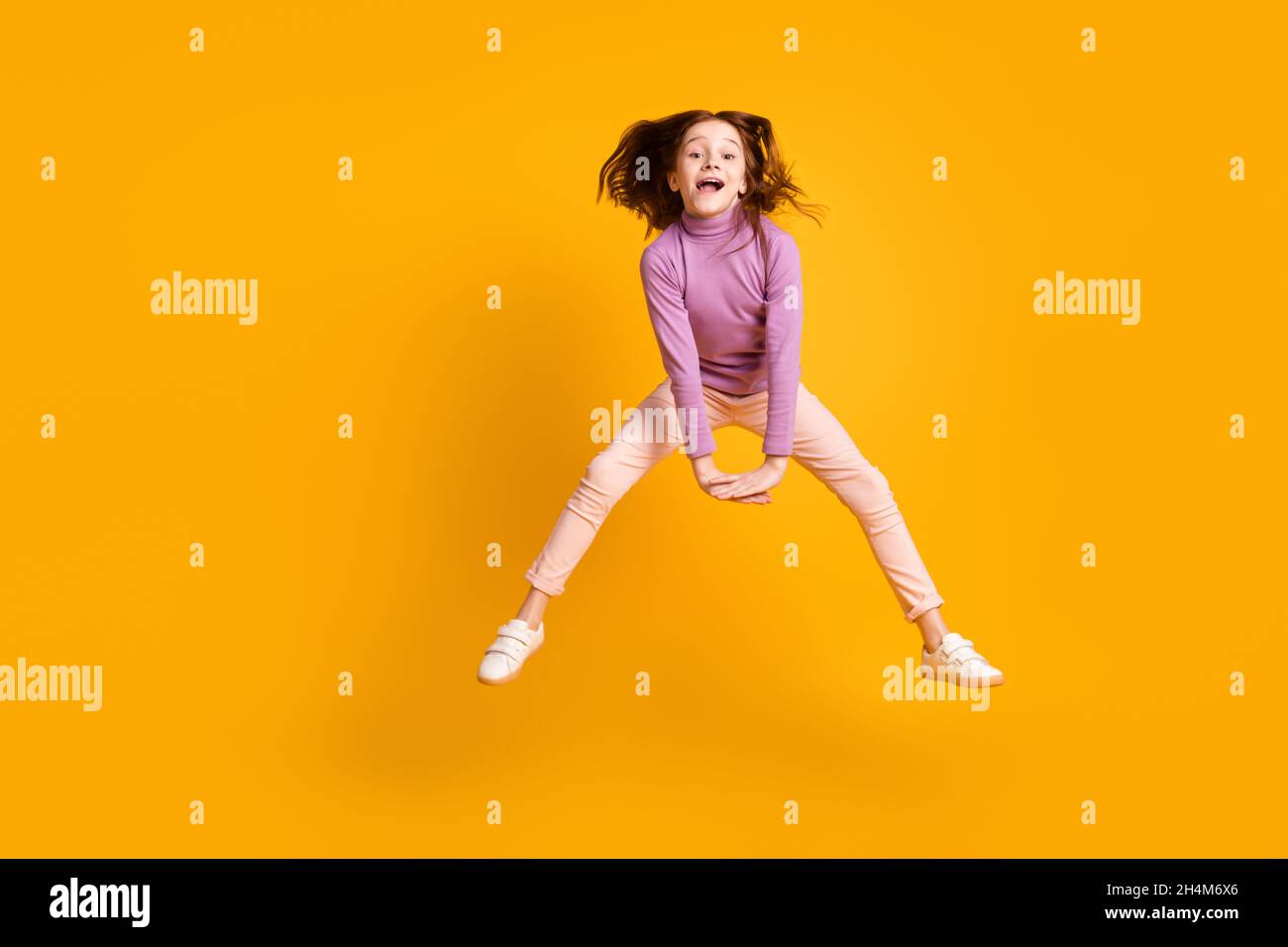 Full length body size view of attractive funny girlish cheerful girl ...