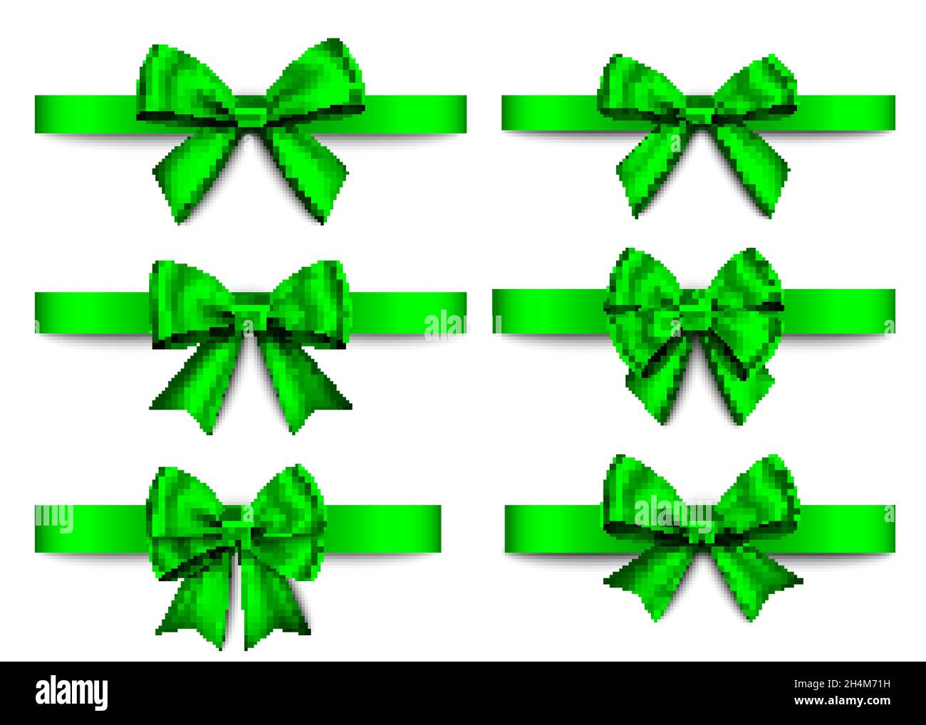 Green gift bows set isolated on white background. Christmas, New Year ...