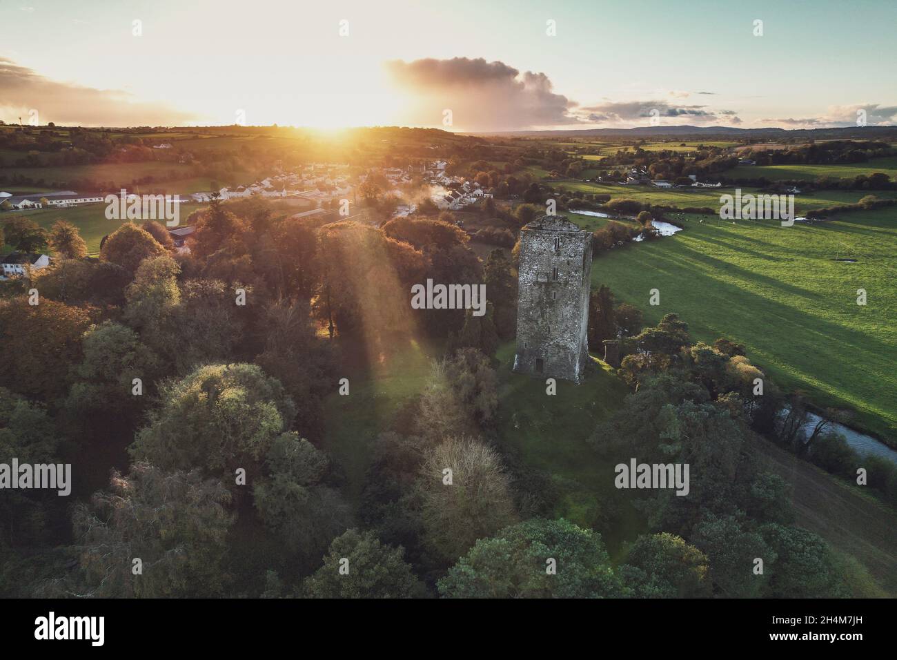 Aerial view of Conna Castle at sunset in county Cork, Ireland Stock ...