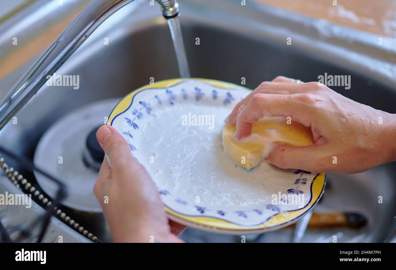 housewife washing dishes in the kitchen sink after the meal. cleaning ...