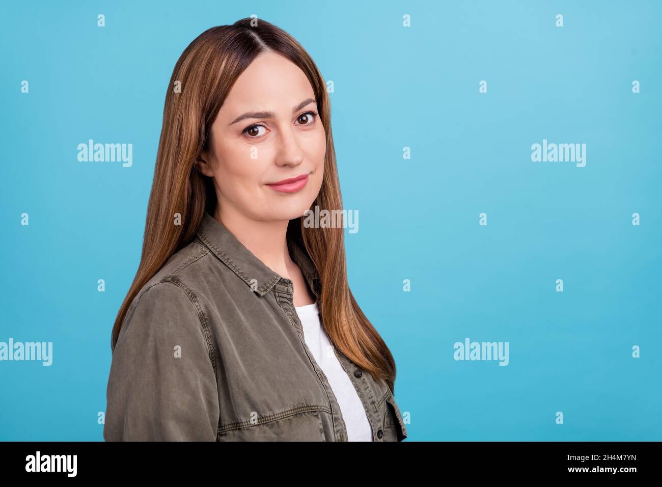 Photo of charming cheerful positive mature woman empty space wear ...