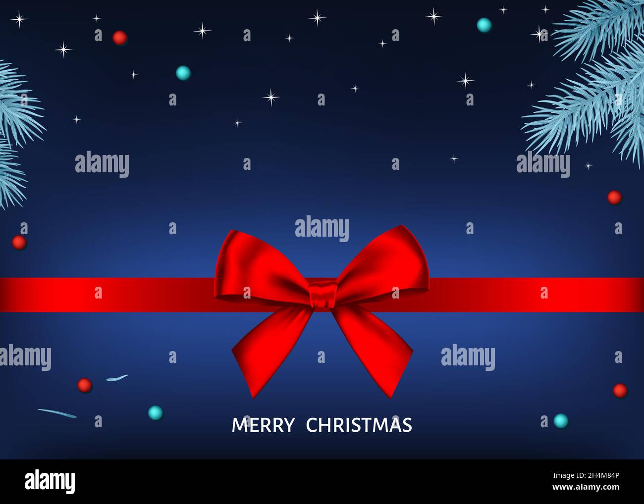 Merry Christmas blue background with red gift bow, ribbon and silver ...
