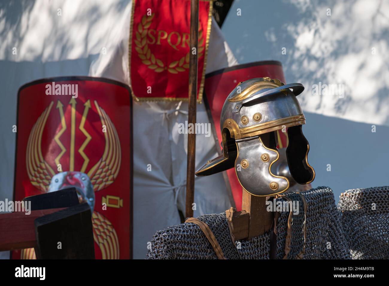 Helmet, shield and chain mail of a Roman legionary, in a historical ...