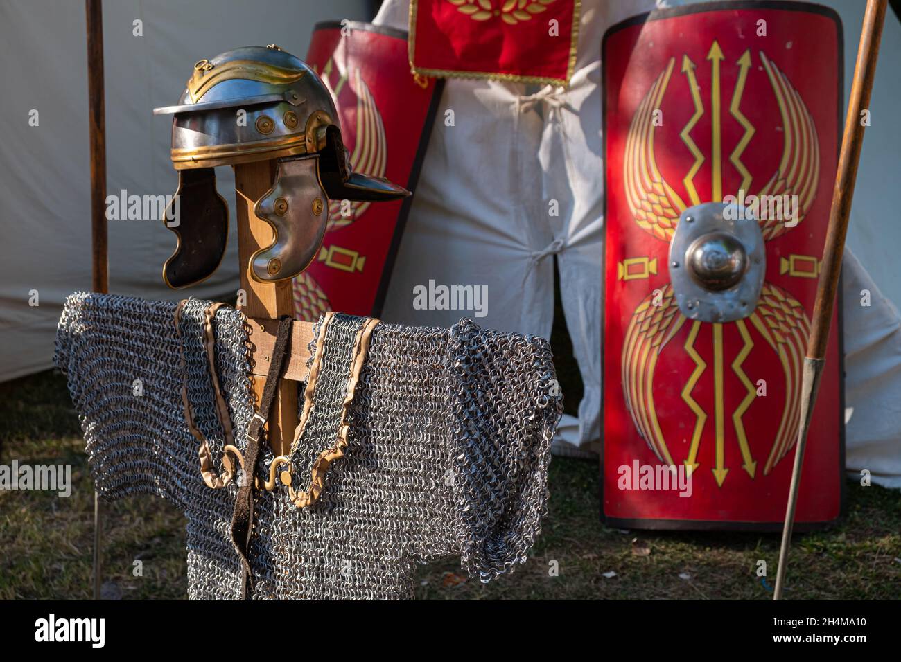 Helmet, shield and chain mail of a Roman legionary, in a historical ...