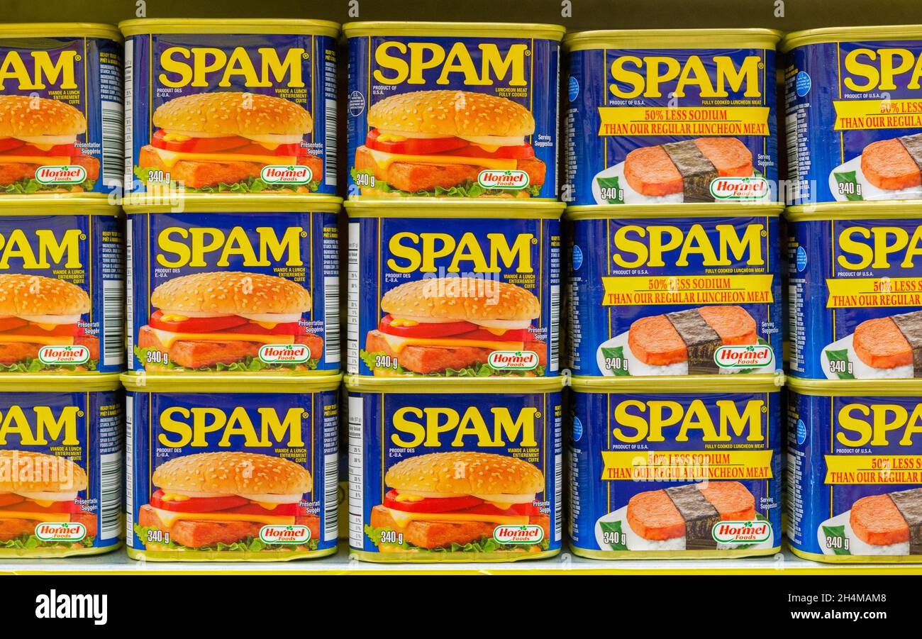Full frame image of SPAM cans by Hormel Foods seen on a store shelf in ...
