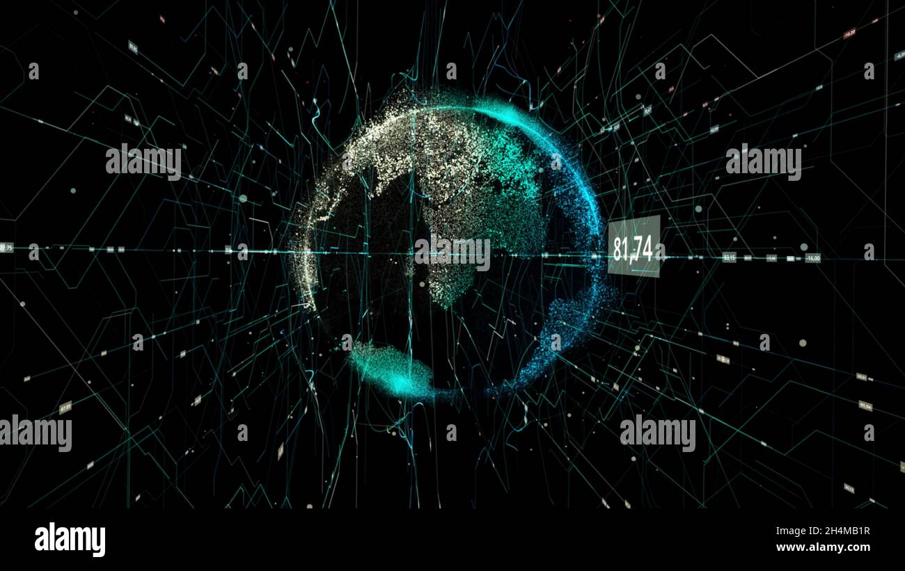 Abstract animation of the beautiful earth hologram flying in cyberspace ...