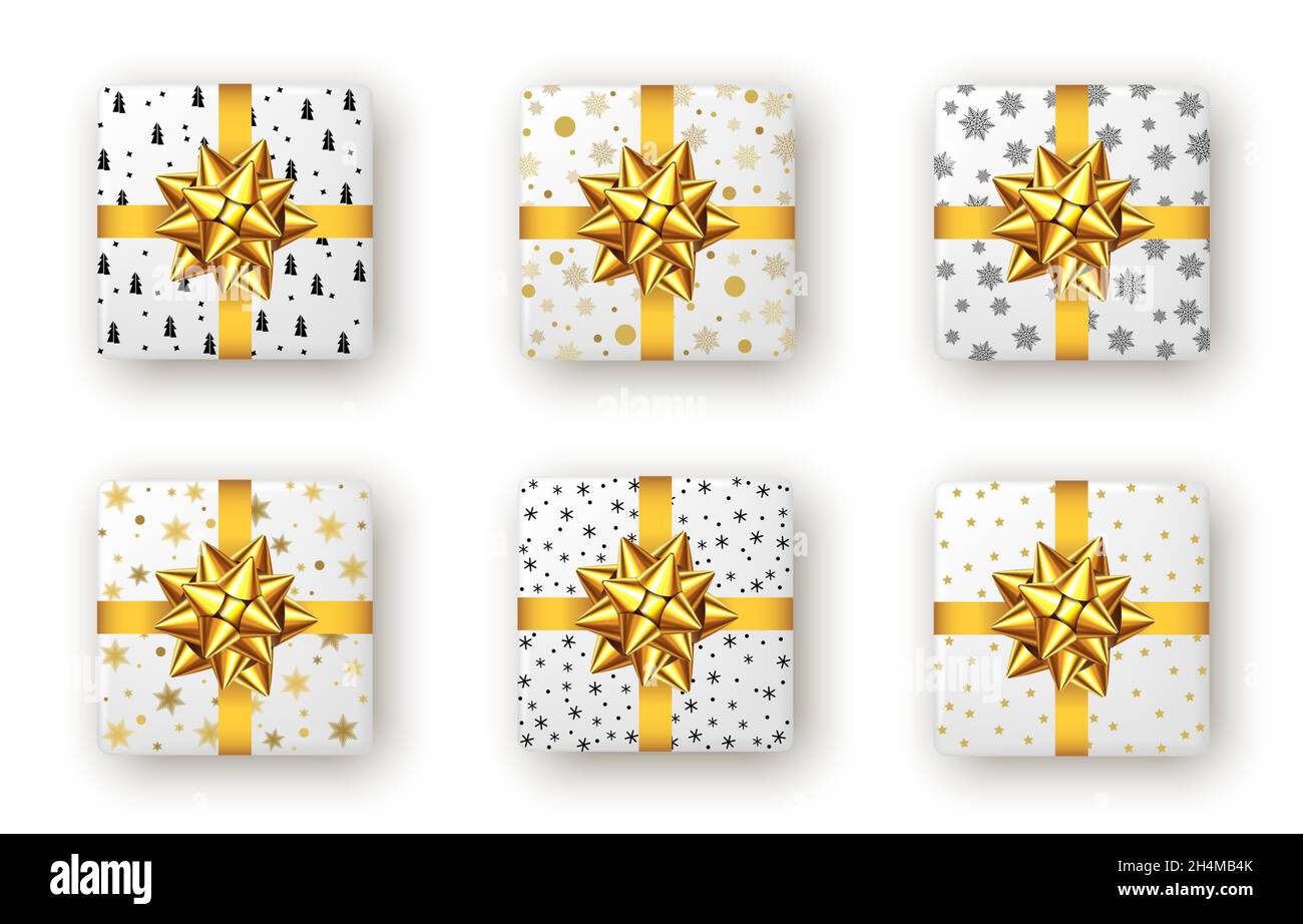 Gift box with golden ribbon and bow, top view. Christmas, New Year ...